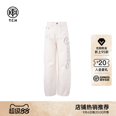 TCH私服字母logo烫钻直筒阔腿单里休闲牛仔长裤T75C20E5088