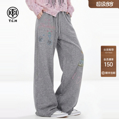 TCH烫钻加绒冬季新款慵懒风时尚阔腿宽松休闲裤女T75D20E1040