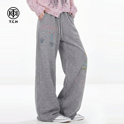 TCH私服烫钻加绒冬季新款慵懒风时尚阔腿宽松休闲裤女T75D20E1040