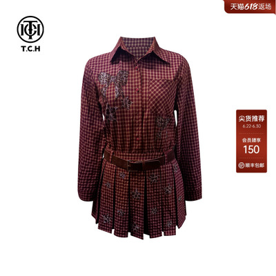 TCH轻奢蝴蝶烫钻豹纹樱桃复古红格子收腰百褶连衣裙女T75C30E1058