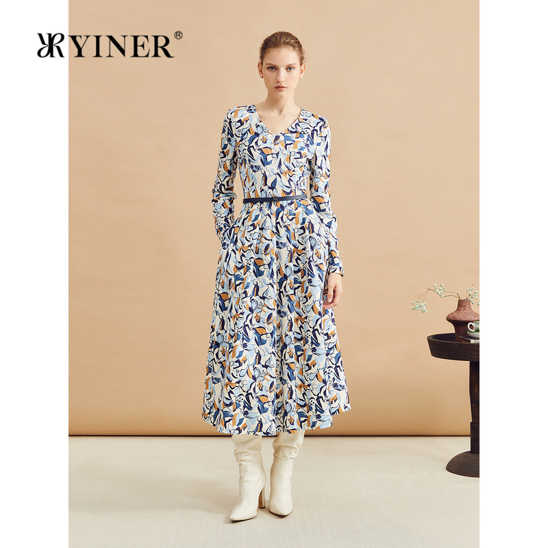 YINER音儿女装冬季时尚优雅V领羊毛印花连衣裙女长袖修身内搭裙