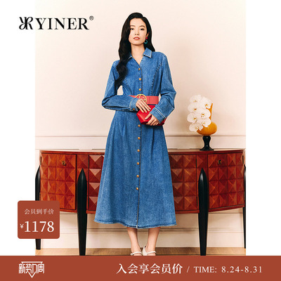 音儿春季衬衫领收腰牛仔连衣裙