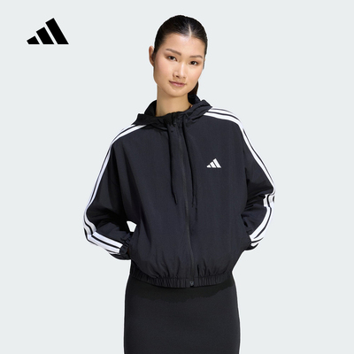 adidas阿迪达斯三条纹连帽防风健身跑步外套秋女梭织夹克 KF8430