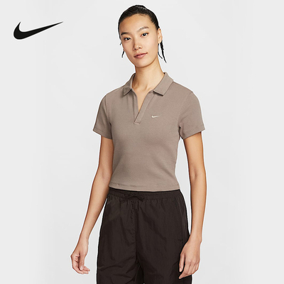 NIKE耐克女T恤短袖2025夏休闲运动小V领短款翻领POLO衫DV7885-214