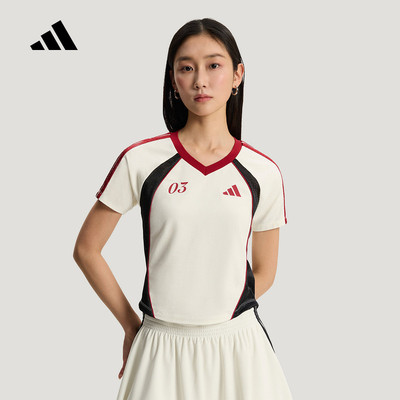 adidas阿迪达斯2026夏女足球风拼色修身运动撞色V领短袖T恤KZ2387