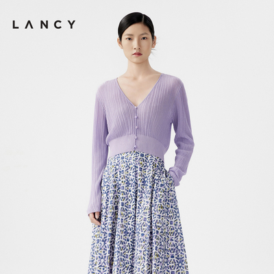 [朗姿奥莱]LANCY/朗姿2024夏季新款长袖V领短款棉质开衫女薄款法