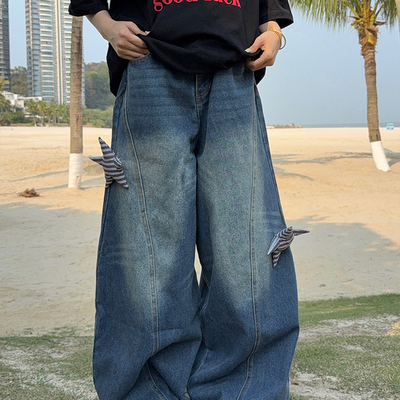 复古水洗五角星牛仔裤