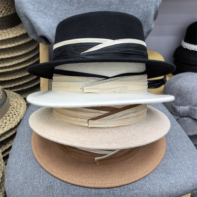 英伦风平顶礼帽撞色真丝麻蝴蝶结澳洲羊毛毡帽简约大气秋冬时装帽