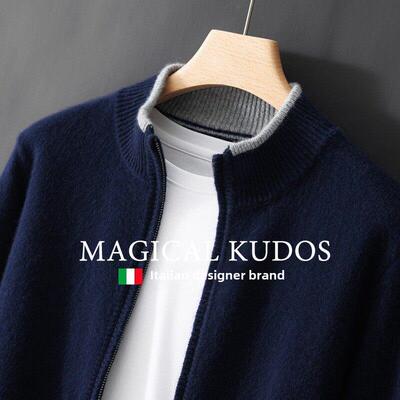 MAGICAL KUDOS秋冬季100%羊毛开衫外套男拼色拉炼毛衣羊绒针织衫