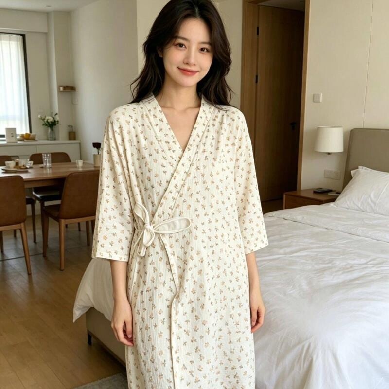 纯棉纱睡裙浴袍夏季洗澡居家穿式浴巾透气七分袖睡袍浴裙中短版