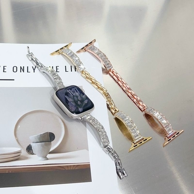 适用苹果ApplewatchS11/S10镶钻金属表带SE/UItra3/2/1弯片S9/8/7精致时尚轻奢手表带女