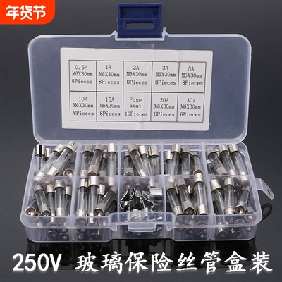 72PCS 6*30mm玻璃保险丝管熔断器250V 9种0.5A~30A带保险丝座盒装