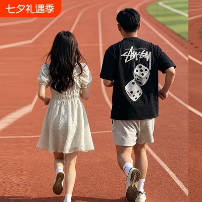 潮牌斯图西STU短袖t恤夏季重磅布纯棉260g丝网印花体恤衫白色巡游