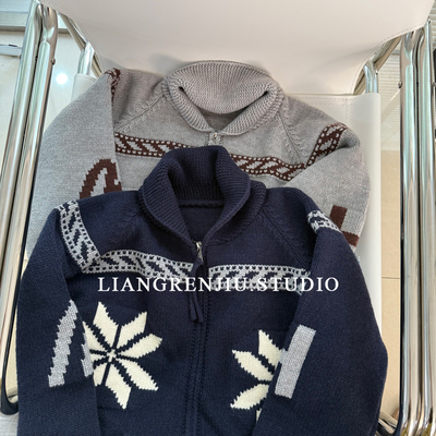 翻领提花针织拉链开衫外套