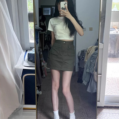 军绿色工装牛仔半身裙子大码胖mm