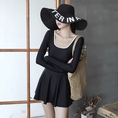 裙式连体泳衣长袖冬泡温泉两件套