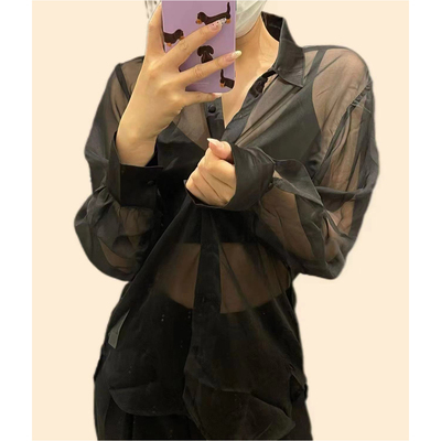 欧根纱透视女外贸性感长袖衬衫