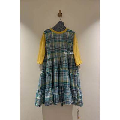 dage 复古蓝绿撞色格纹翻领甜美裙子夏季可爱俏皮花苞连衣裙女