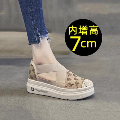 厚底卡其凉鞋内增高7cm包头渔夫鞋坡跟网鞋松糕网面拖鞋女2024夏