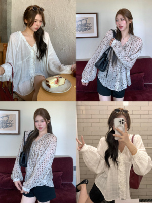 bbxzhai | 薇光什集 韩系木耳边系带V领显瘦小衫女温柔灯笼袖上衣