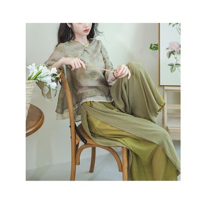Short Sleeve Shirt Retro Chinese Style Green Pants Two-piece