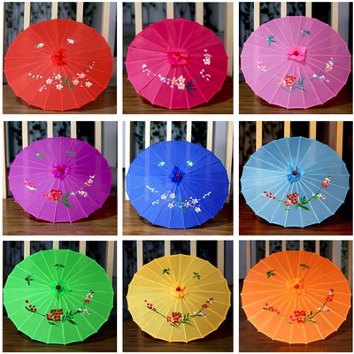 Vintage Chinese Silk Oil Paper Umbrella Red Flower Props Red