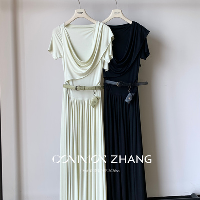 多多设计优美至极芭蕾舞风修长垂坠紧身褶皱天丝披肩连衣裙16910
