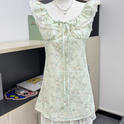 多多小众荷绿碎花温柔风蕾丝拼接显瘦收腰连衣裙X-GZHSM4589