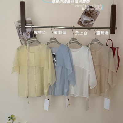 多多小众设计系氛围感温柔宽松落肩蝙蝠袖小衫(配腰绳)62293