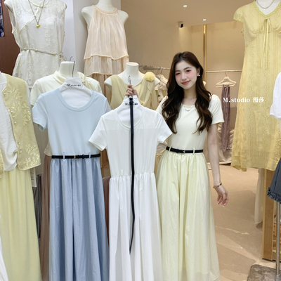 多多小众调通勤休闲风天丝弹力棉短袖收腰连衣裙(配腰带)8237