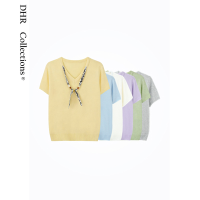 豆豆 丝巾T恤女夏季正肩短袖薄款针织绵羊毛纯色百搭上衣26CM2620