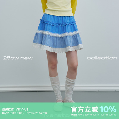 riverstone plus 蕾丝木耳边格纹半身裙春季新款A字花边蛋糕短裙