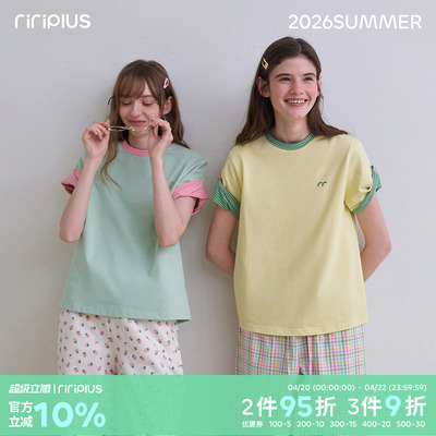 riverstone plus 翻袖纽扣休闲短袖T恤女简约撞色百搭修身打底衫