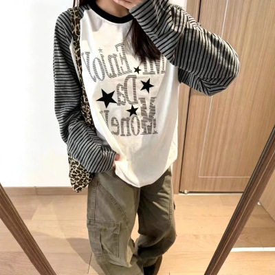 秋季美式插肩条纹撞色长袖T恤女