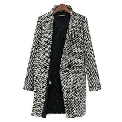 Winter Women Houndstooth Woolen Coats Single Breasted Stand