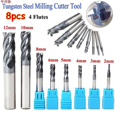 8Pcs 4 Flutes Carbide End Mill Set Tungsten Steel Base Metal