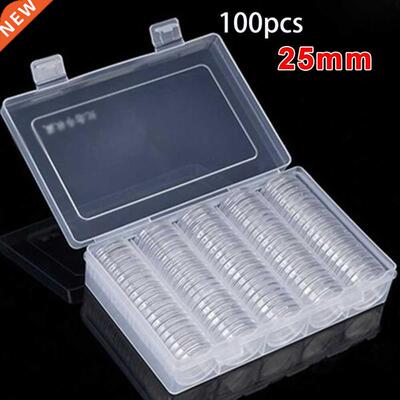 100Pcs/Box Coin Box Clear 25mm Round Boxed Holder Plastic St