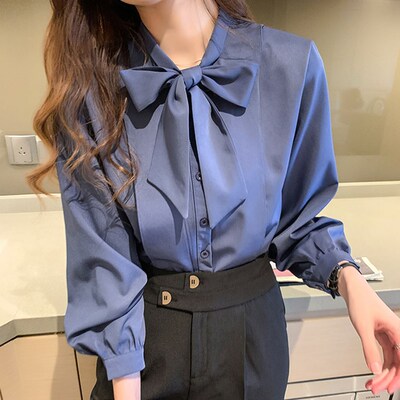 New Bow White Blouse Women 2020 Button Office Lady Long Slee