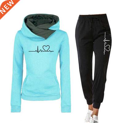 Women Tracksuit Pullovers Hoodies and Black Pants Autumn Win