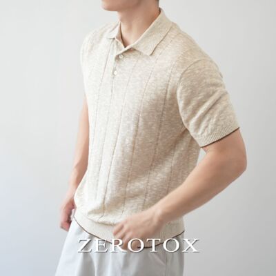 亚麻棉斑纹翻领针织POLO衫