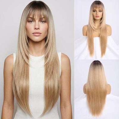 Long Straight Women Full Wig With Bangs带刘海长直发女假发套