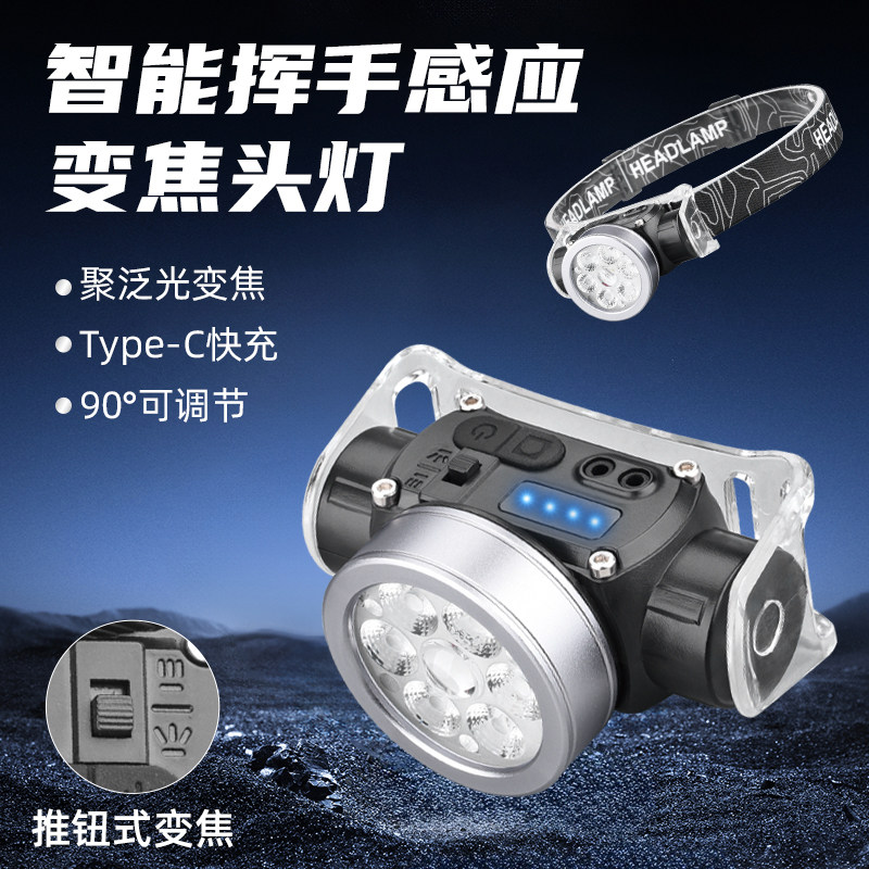 新款智能感应头灯双开关推钮式变焦头灯户外远射电显款铝合金头灯