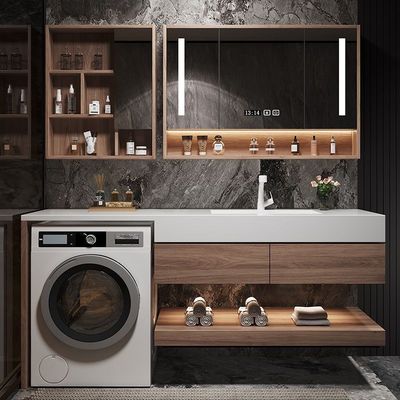 洗衣机柜组合岩板一体无缝陶瓷盆浴室柜木色卫生间洗漱台洗手脸盆