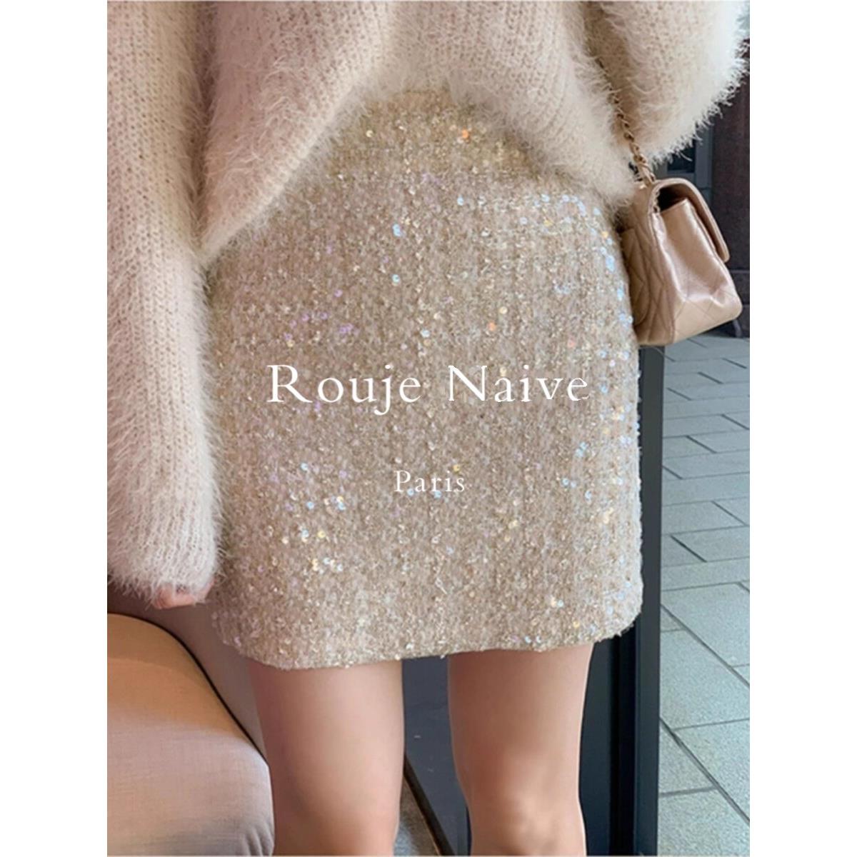Rouje Naive半身裙秋季女小香风短裙毛呢亮片粗花呢子一步包臀裙