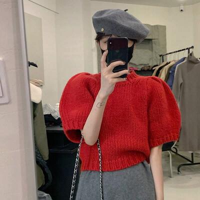 红色短袖毛衣女春秋深圳欧货纯色针织衫泡泡灯笼袖T恤上衣打底衫