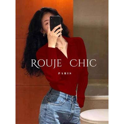 法国Rouje Chic法式高级感红色polo领针织衫女早春季修身打底毛衣