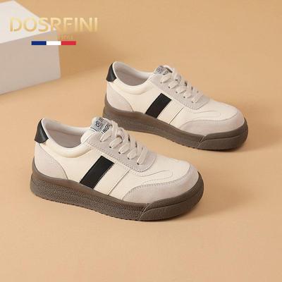杜莎菲尼高端正品真皮德训鞋女百搭平底板鞋系带圆头休闲运动单鞋