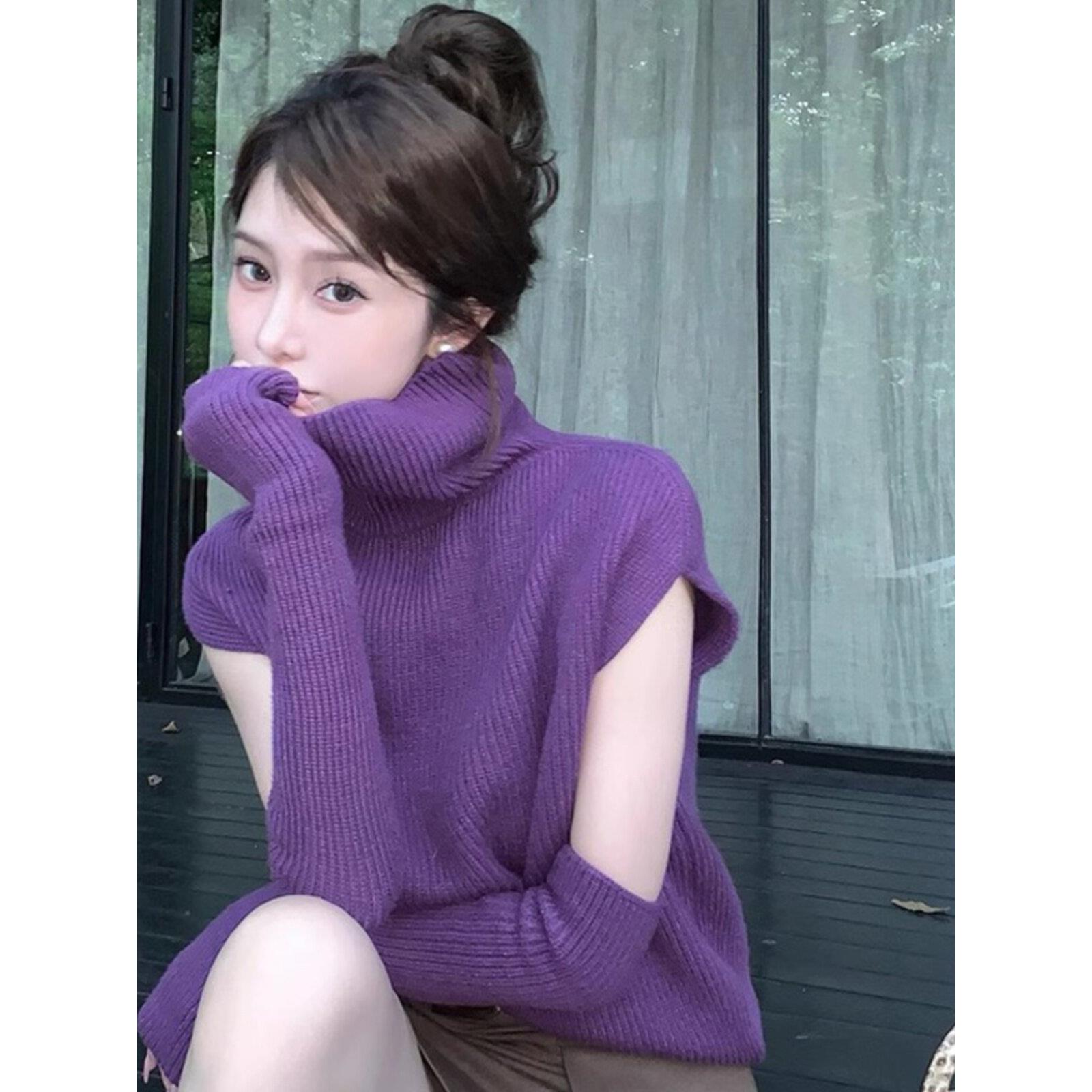 紫色套头高领毛衣的妇女在春季和秋季,高底无袖内上衣,宽松的懒