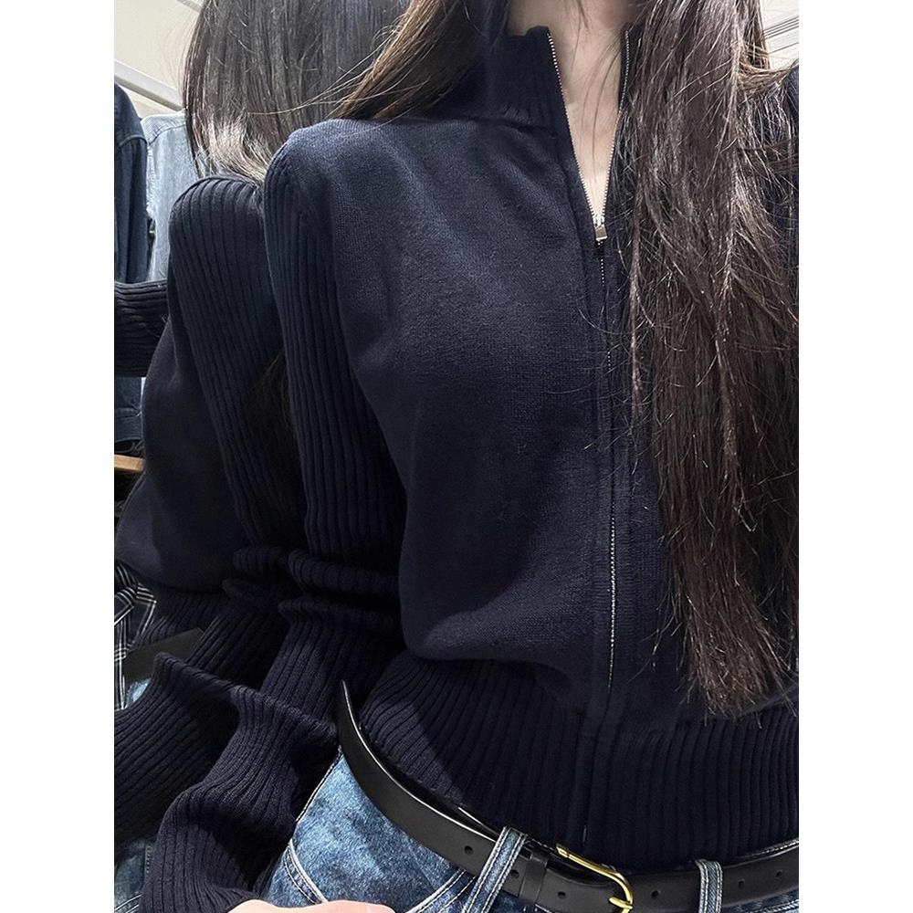 韩国立领拉炼针织开衫女春秋气质毛衣外套藏青色显瘦修身短款上衣
