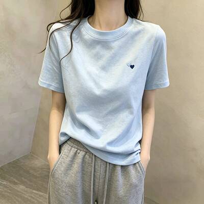 韩系蓝色圆领短袖T恤女2026新款夏大尺码胖宽松显瘦减0603e